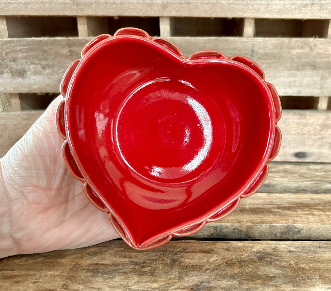 Stoneware Pottery Heart Bowl Red Heart Candy Dish Handmade Ceramic ...