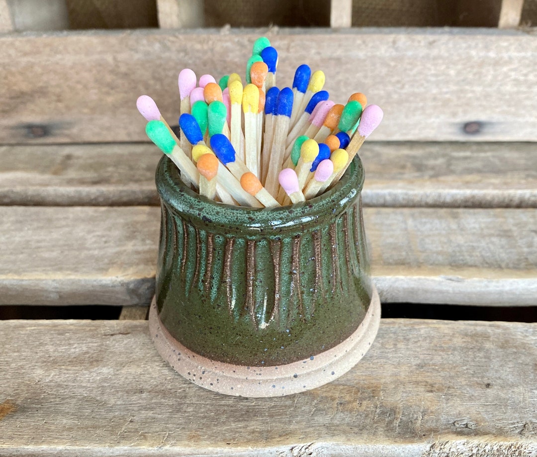 Handmade Pottery Match Holder - Carved Dark Green Match Striker ...
