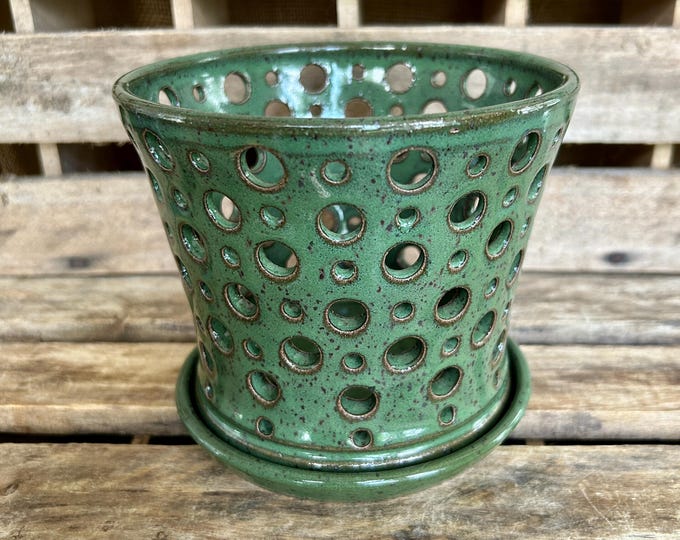 Stoneware Orchid Pot - Green Orchid Planter - Ceramic Orchid Pot With ...