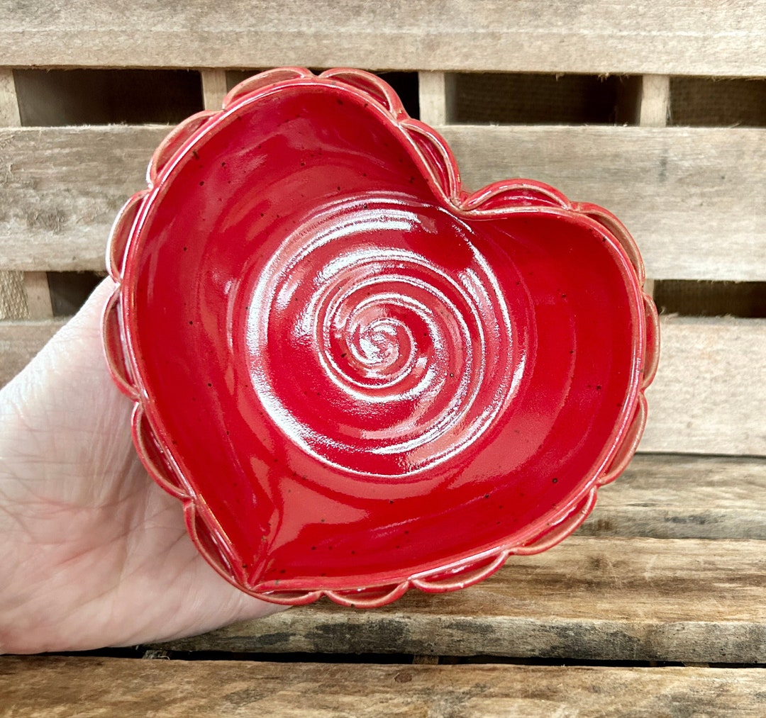 Stoneware Pottery Heart Bowl Red Heart Candy Dish Handmade Ceramic ...