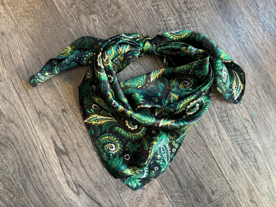 Wild Rag 100% SILK Emerald Green Gold and Black Floral Paisley Cowboy ...