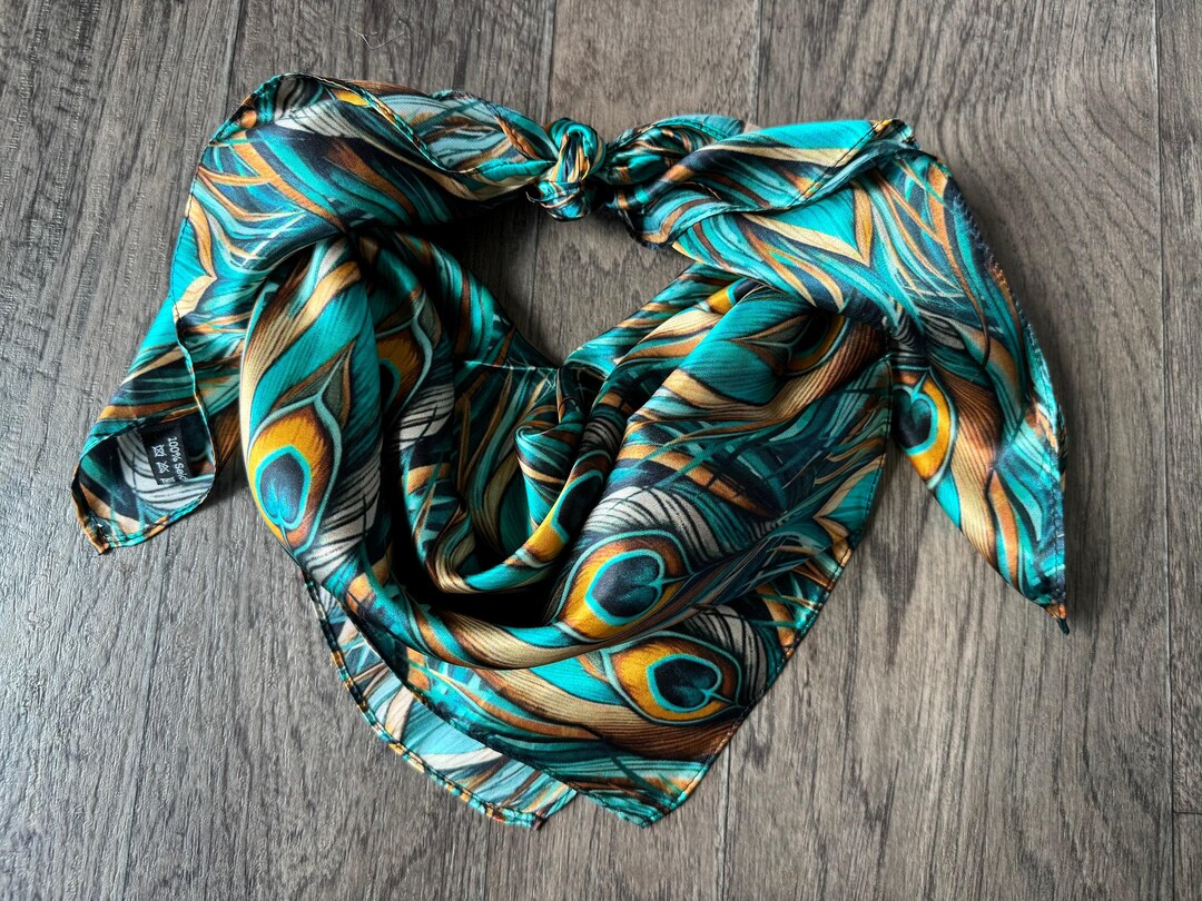 100% Silk Wild Rag Teal and Gold Peacock Feather by Double B Wild Rags ...
