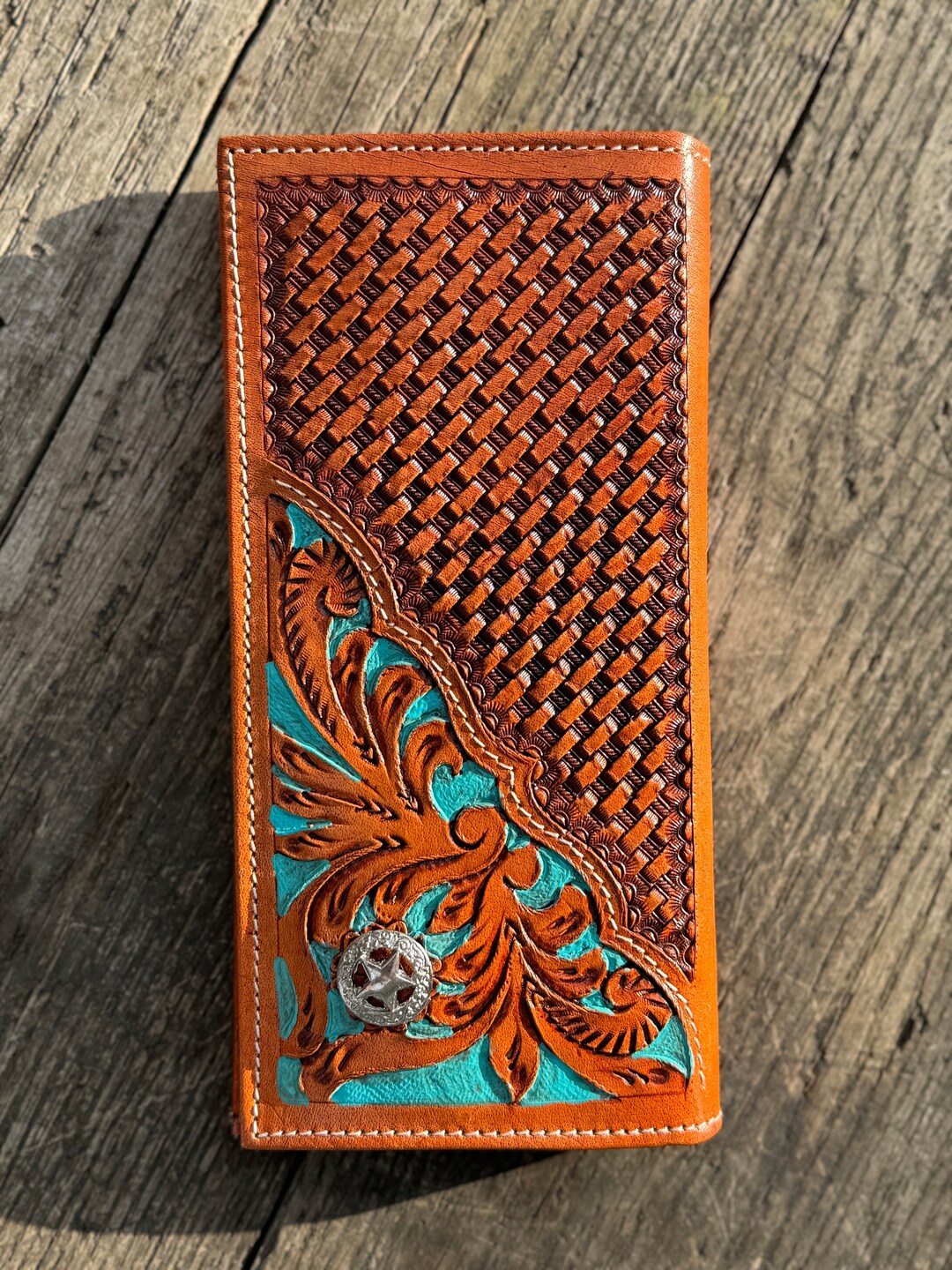 Western Cowboy Checkbook Wallet Tooled Leather With Painted Turquoise ...