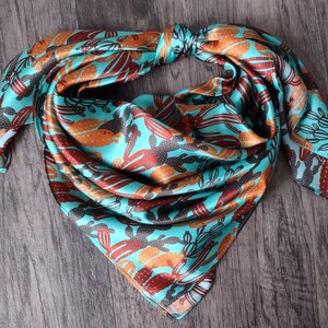 Wild Rag 100% SILK Turquoise Orange Red Cactus Cowboy Western Neck ...