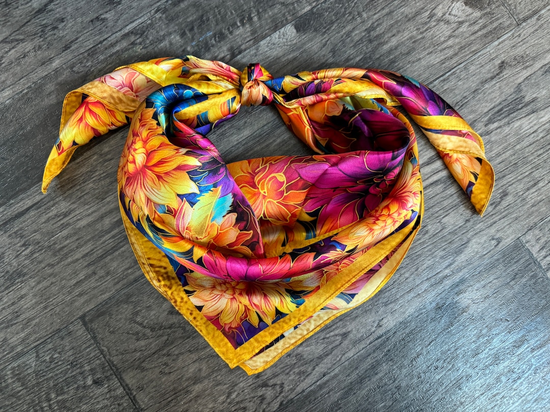 100% Silk Wild Rag “golden Dahlias” Pink Purple Blue Orange Yellow by ...