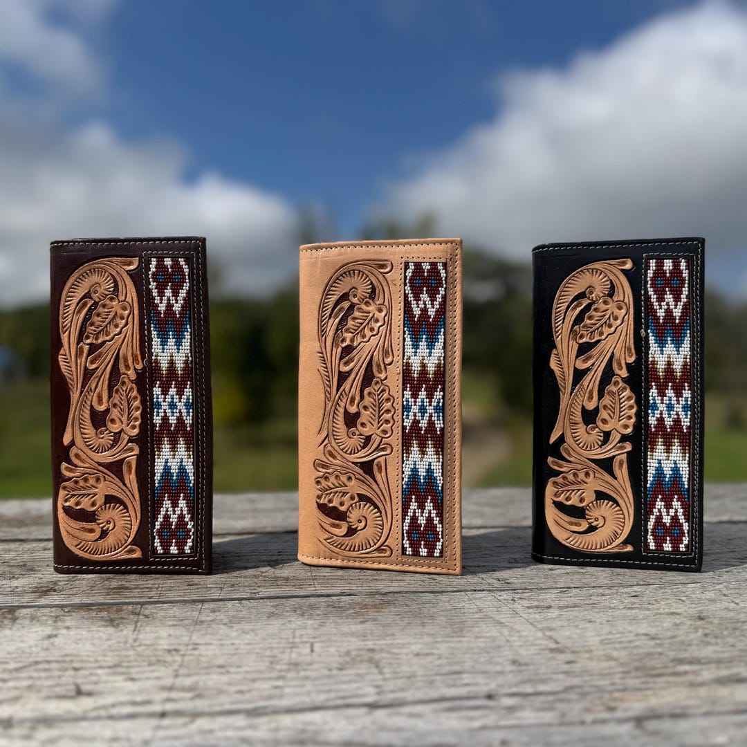Men’s Western Bi-fold Long Wallet Tooled and Seed Bead Details by ...