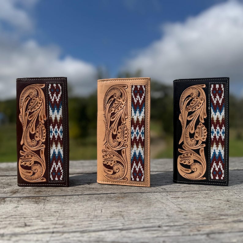 Men’s Western Bi-fold Long Wallet Tooled and Seed Bead Details by ...