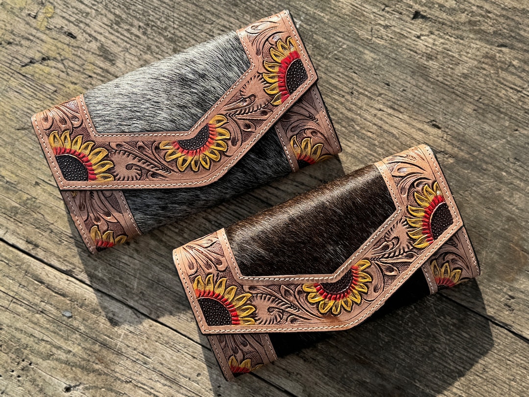 Western Cowgirl Wallet Tooled Leather With Painted Sunflower Floral by ...
