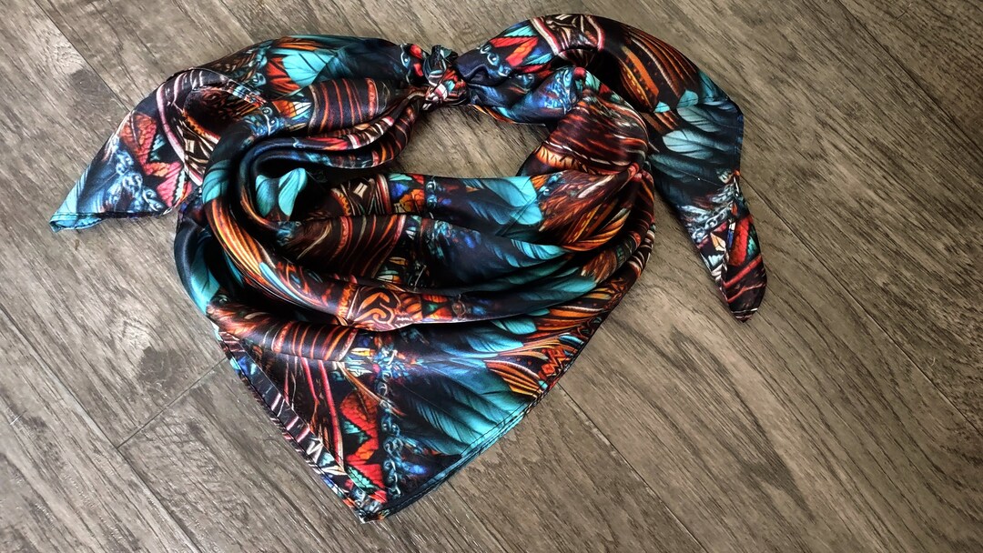 Wild Rag 100% SILK Native Teal and Gold Feather Cowboy Western Neck ...