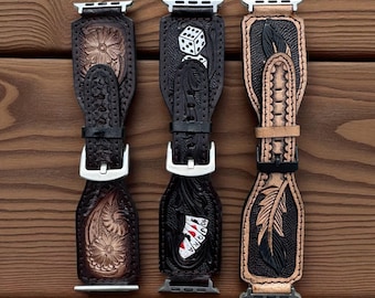 Men’s Western Tooled Leather Watch Band by Double B Wild Rags Fits 42mm ...