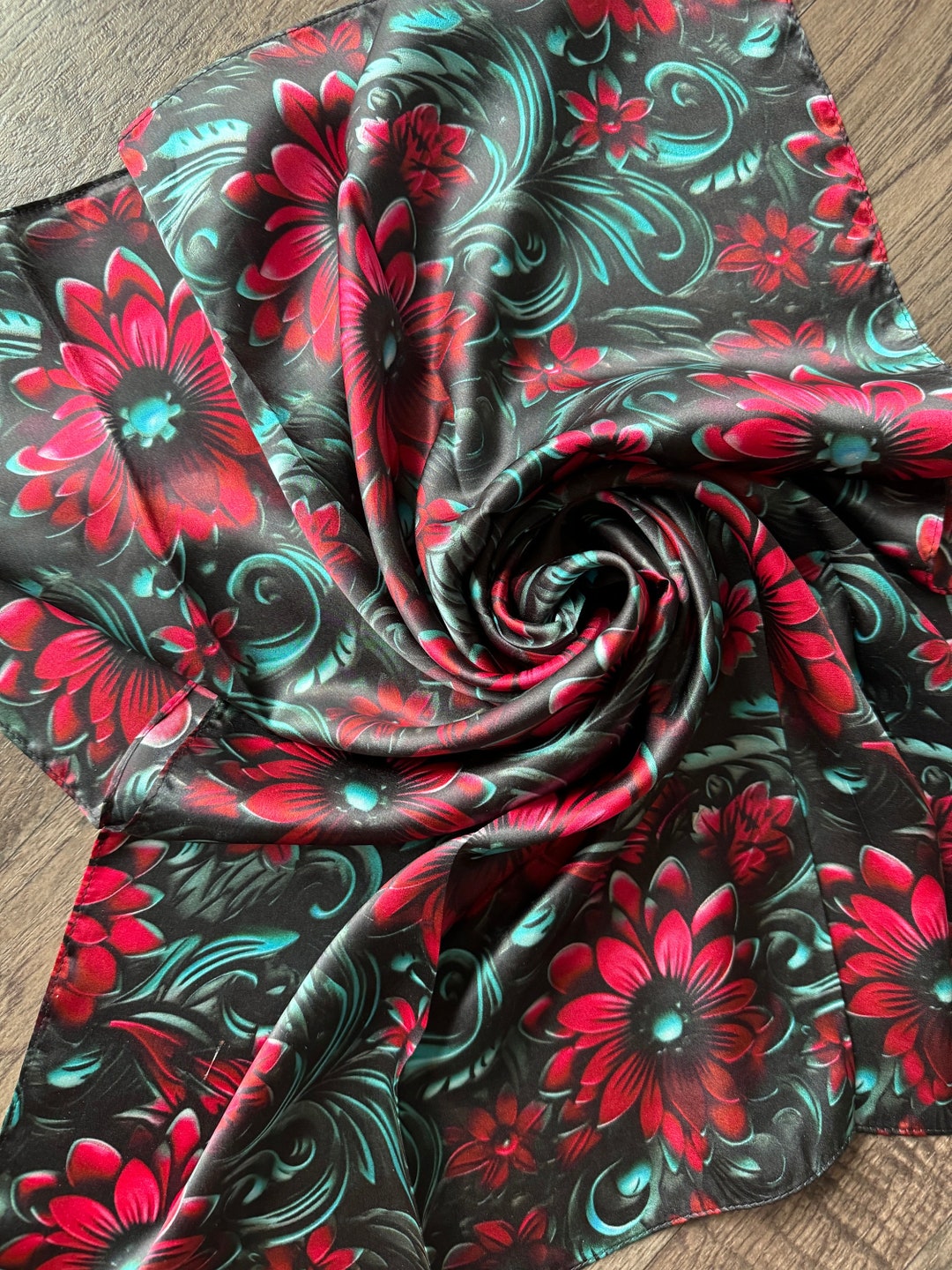 100% Silk Wild Rag Cranberry Red and Teal 3D Floral Print by Double B ...