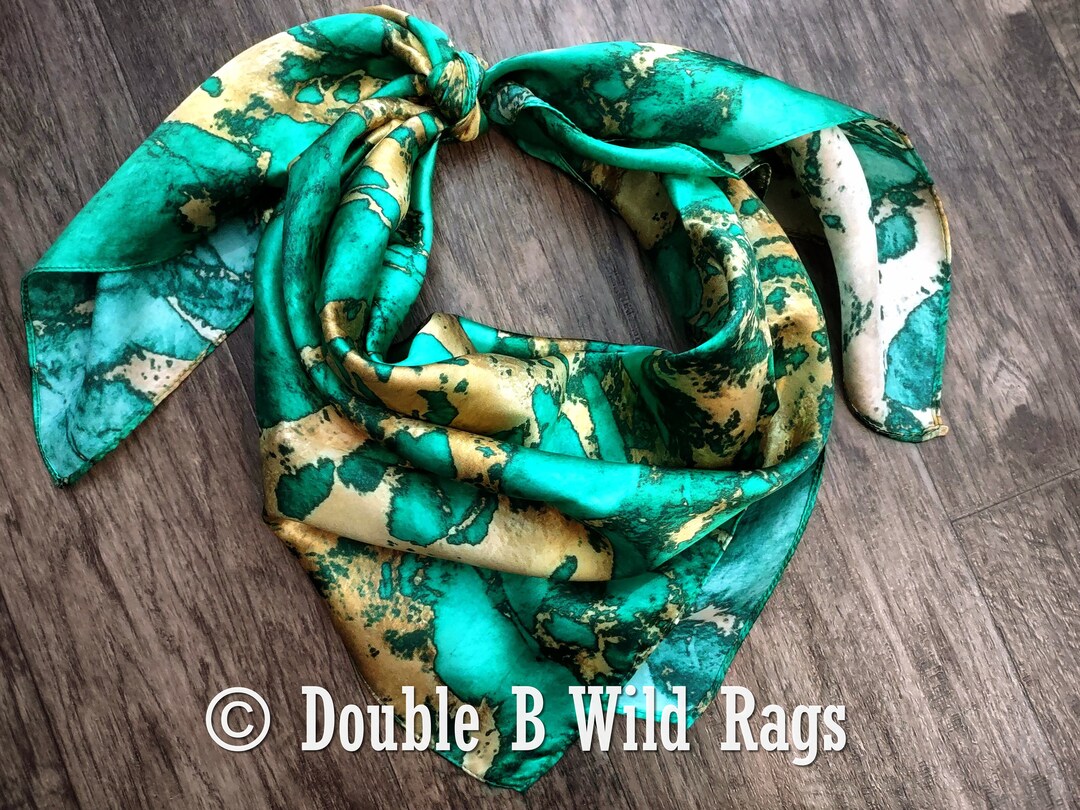 Wild Rag 100% Silk Teal Green and Gold Marble Bandana Border Cowboy ...