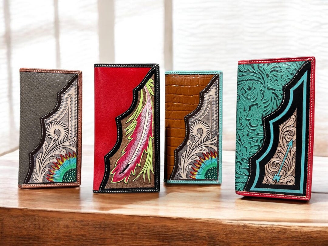 Colorful Western Cowboy Checkbook Wallet Tooled Leather With Painted ...