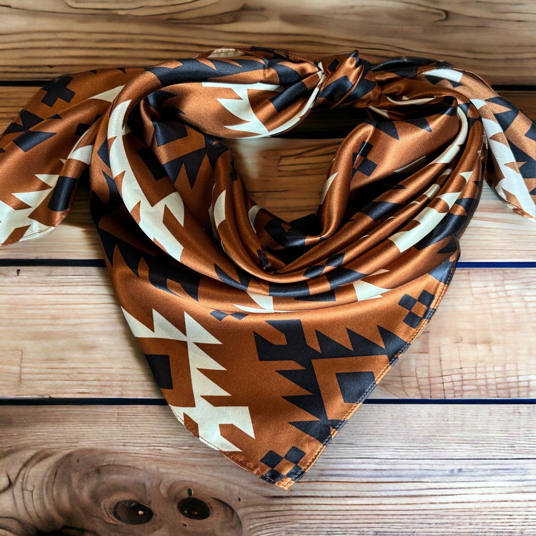 100% Silk Wild Rag Cognac Rust Brown Black Ivory Tribal Native Pattern ...