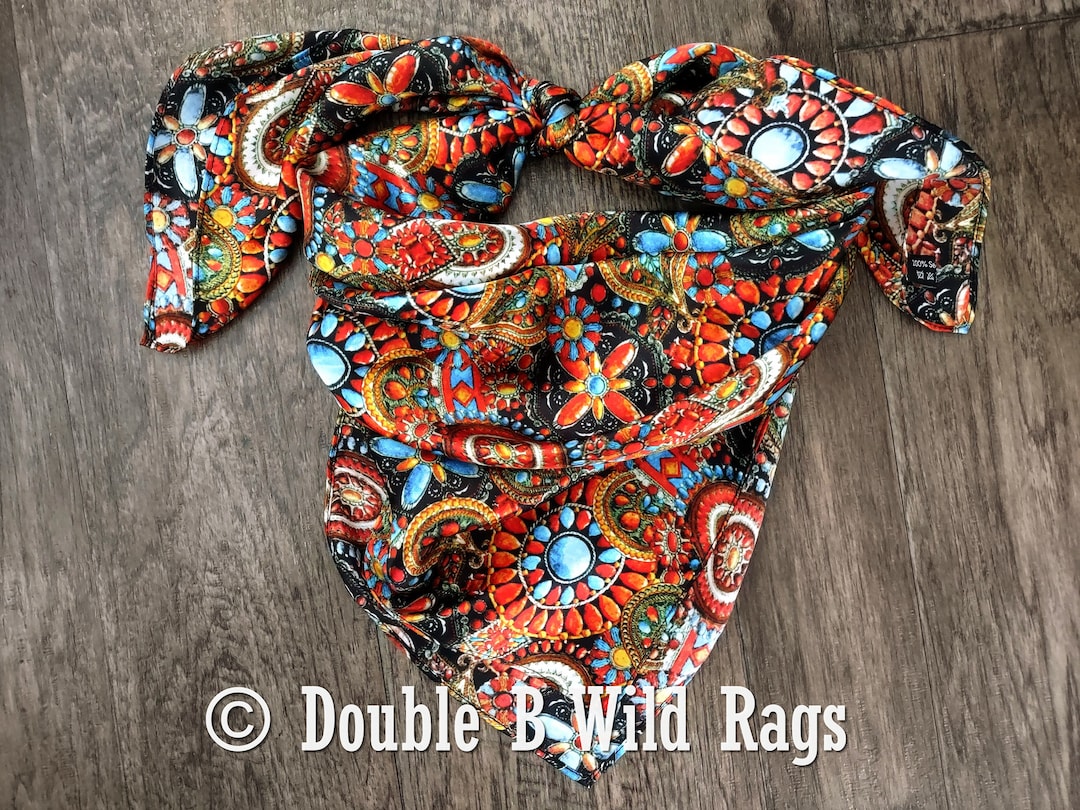 Wild Rag 100% Silk Native Indian Southwest Turquoise and Jewels Cowboy ...