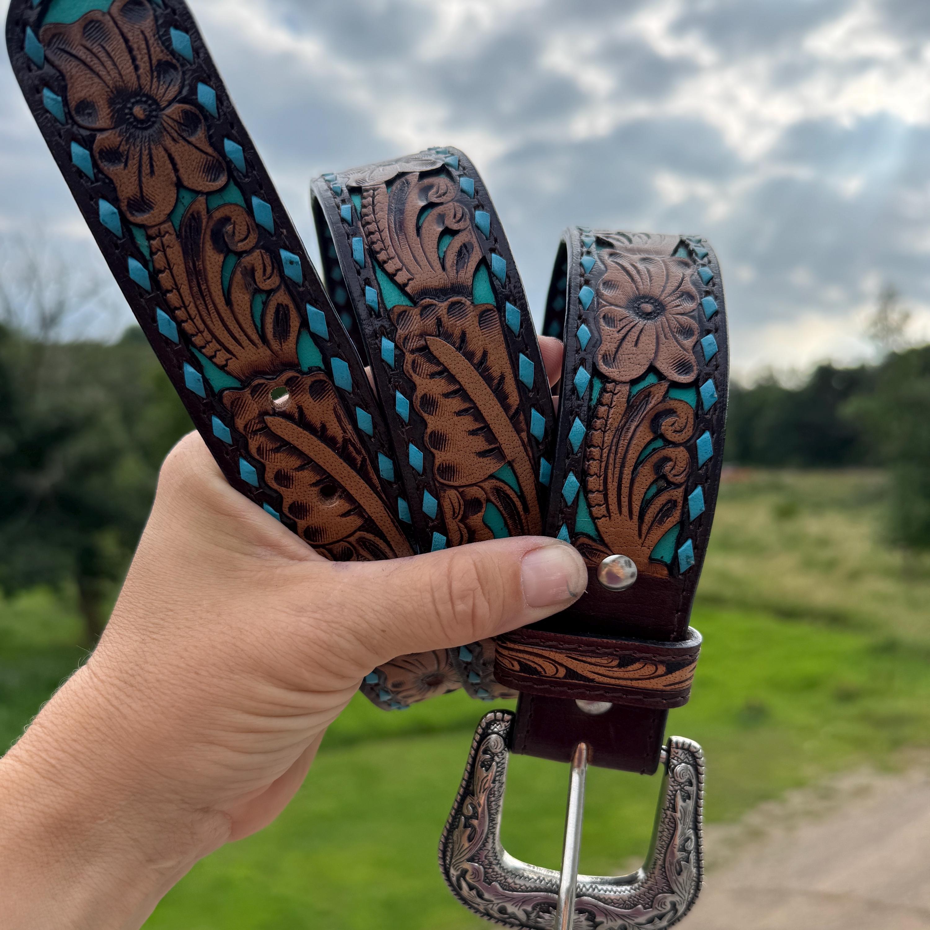 Genuine Leather Western Belt With Tooled and Buckstitch Details by ...