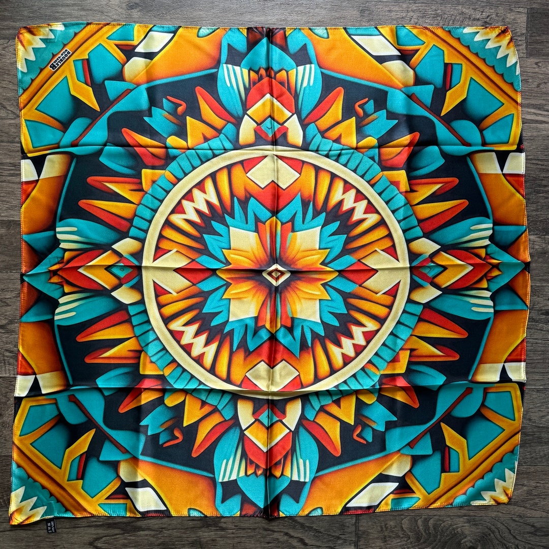 100% Silk Wild Rag Native American Indian Style Orange Teal and Yellow ...