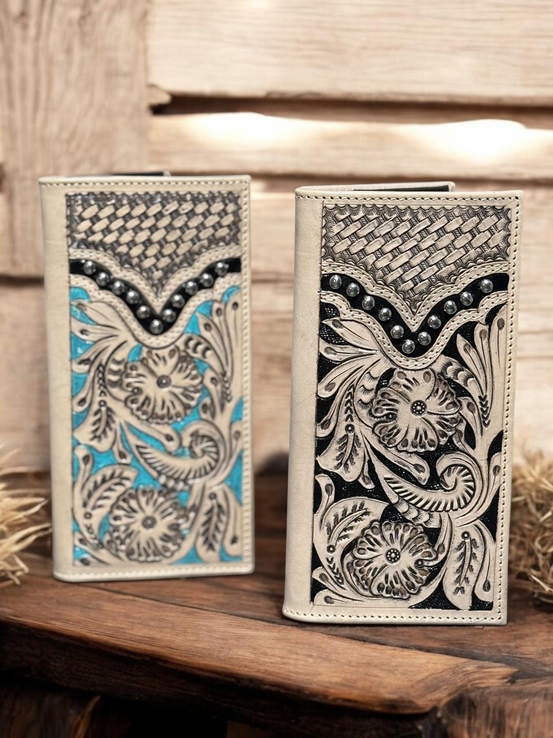 Western Cowboy Checkbook Wallet Tooled Leather With Rivet Details by ...