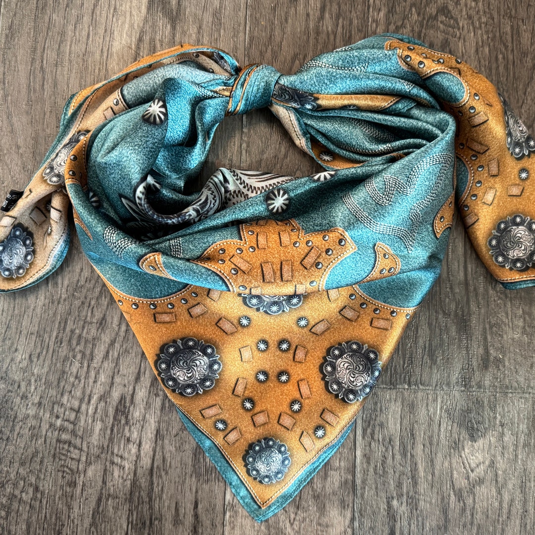 100% Silk Wild Rag Dusty Blue Suede Leather and Conchos With Boot ...
