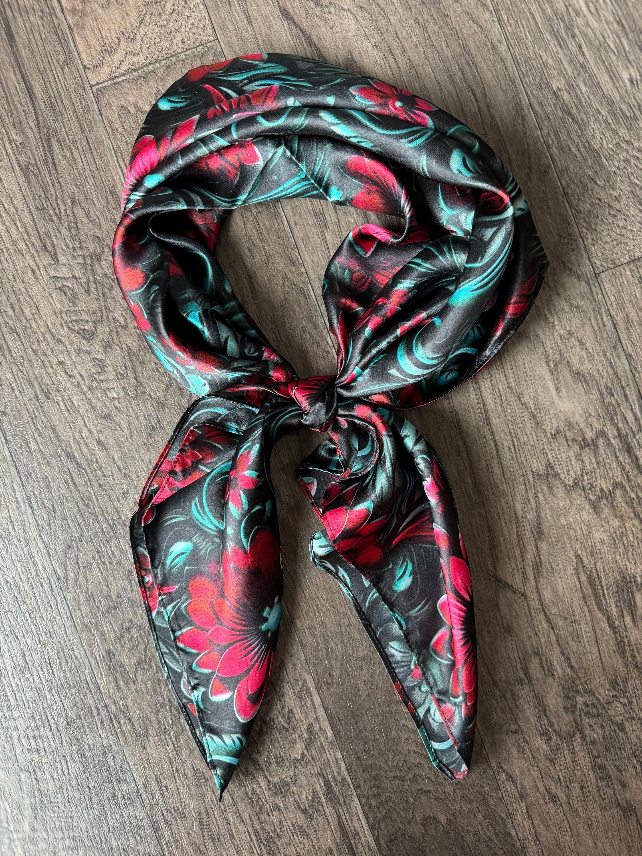 100% Silk Wild Rag Cranberry Red and Teal 3D Floral Print by Double B ...