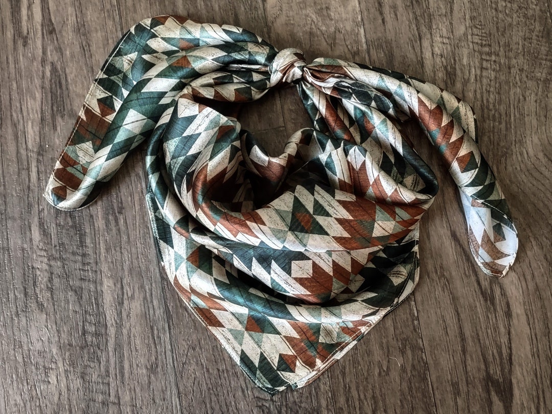 Wild Rag 100% SILK Green and Brown Distressed Aztec Cowboy Western Neck ...