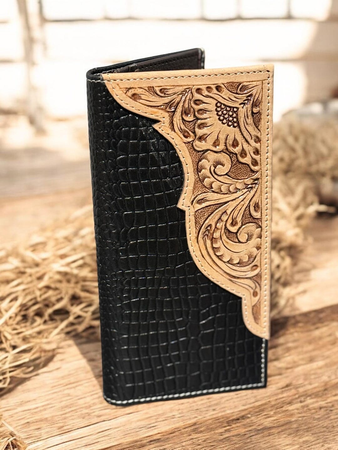 Black and Tan Western Cowboy Checkbook Wallet Tooled and Embossed ...