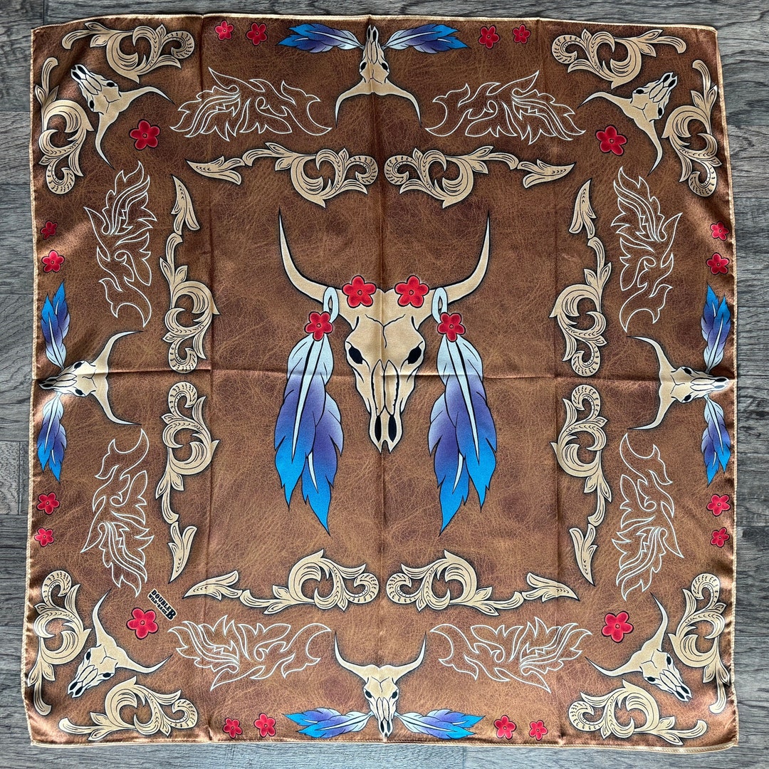 100% Silk Wild Rag Brown Boot Inspired Western Skulls, Feathers, and ...