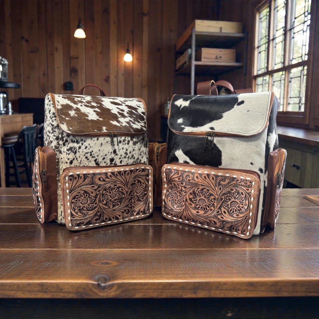 Genuine Western Cowhide Leather Backpack Diaper Bag Personal Item Carry ...