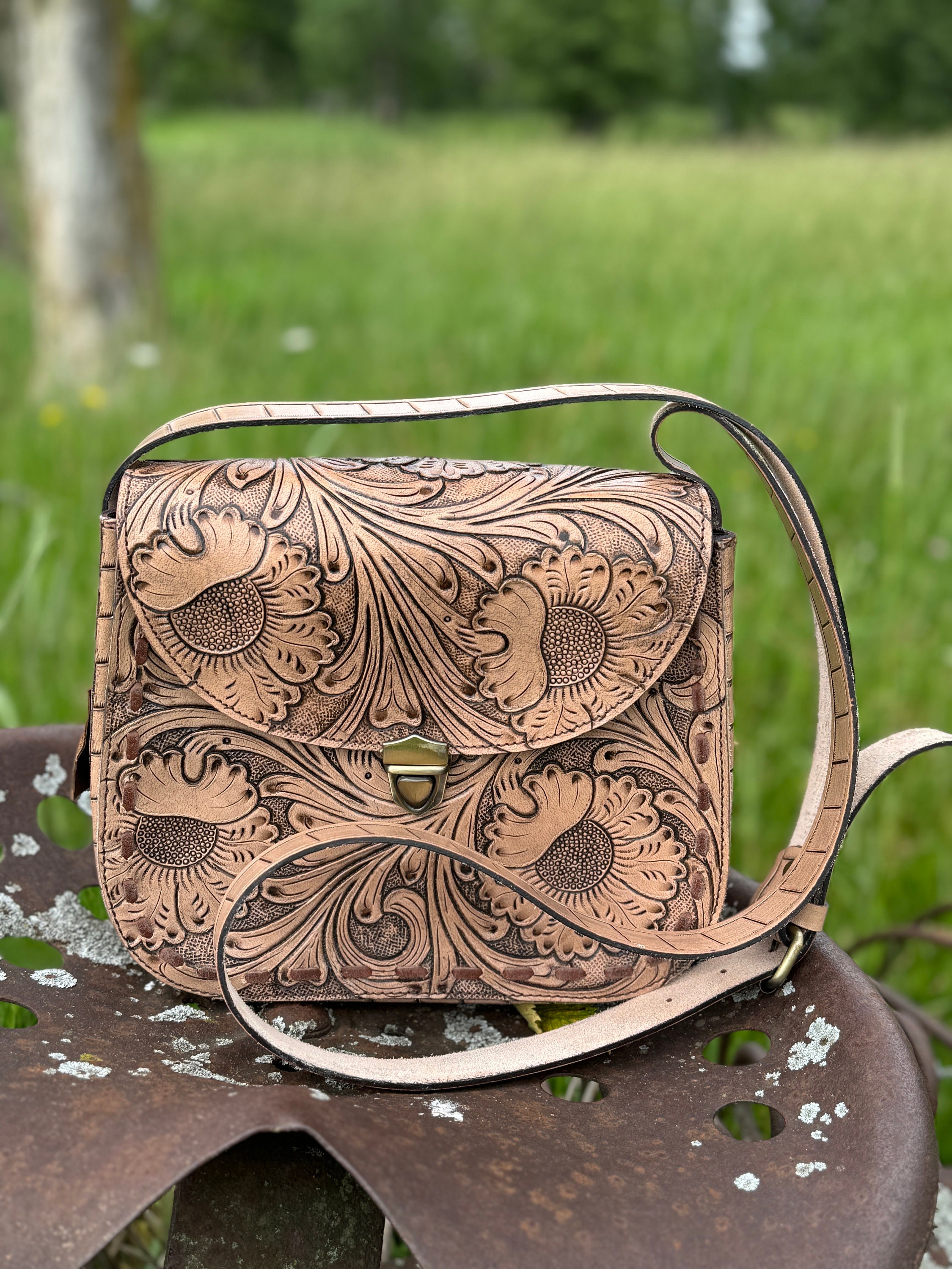 Genuine Western Leather Satchel Purse With Tooled Floral Details by ...