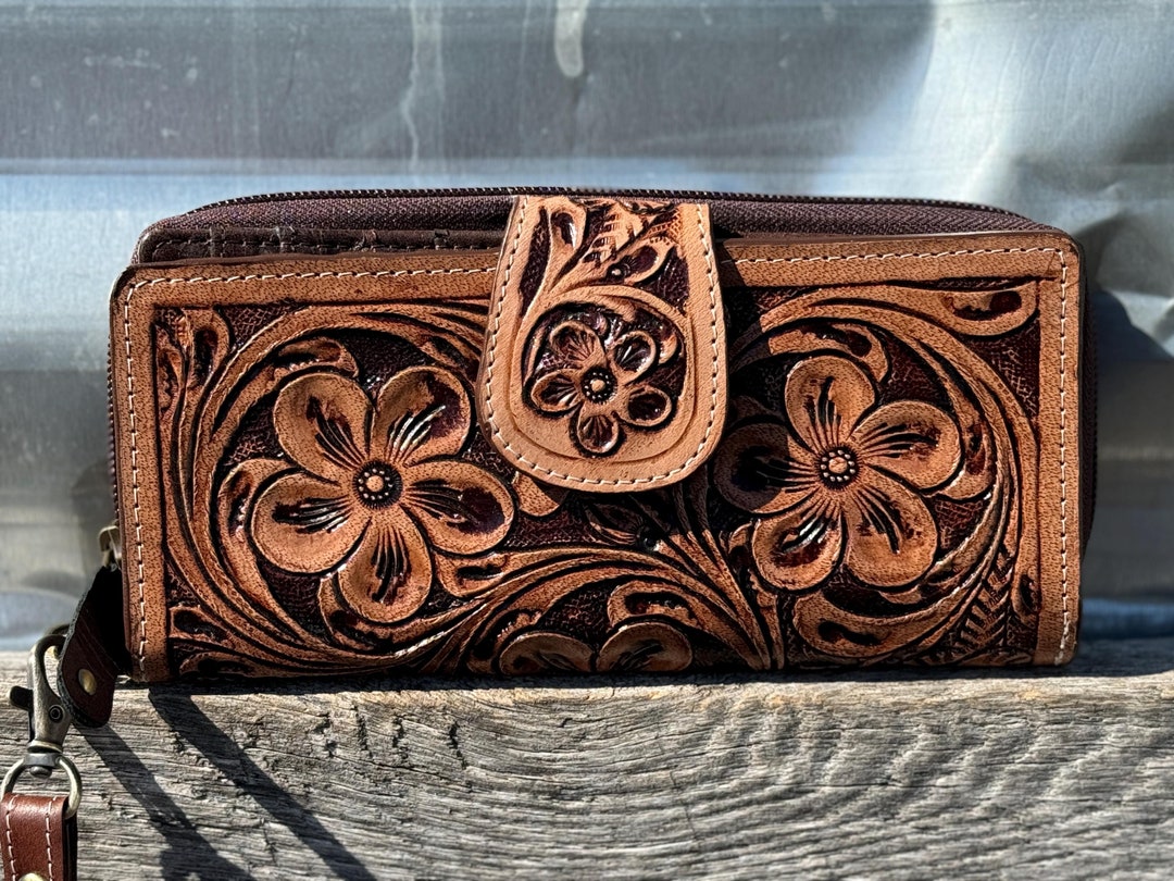 Western Tooled Leather Women's Wallet With Wristlet Strap by Double B ...