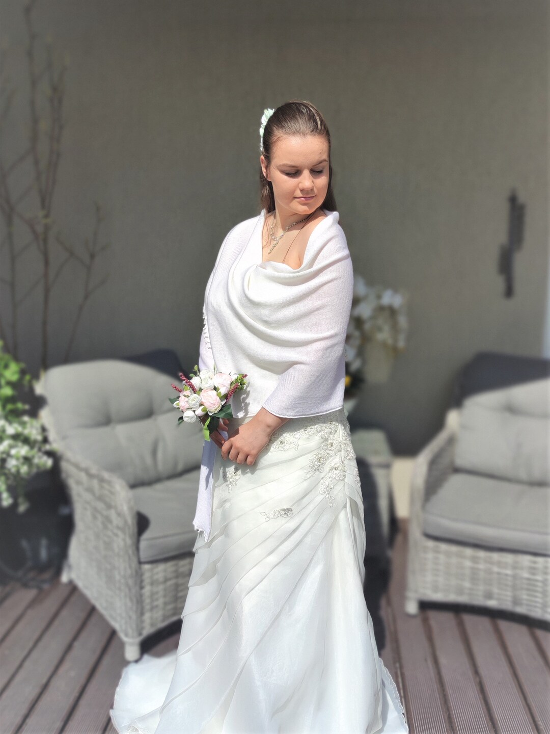 Handmade Cashmere Blend Bridal Shawl, Knit White Wedding Wrap - Etsy