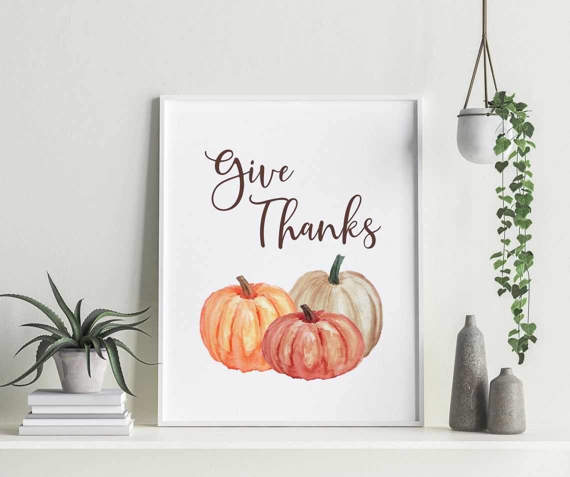 Give Thanks Wall Digital Art Print With Watercolor Pumpkins - Etsy