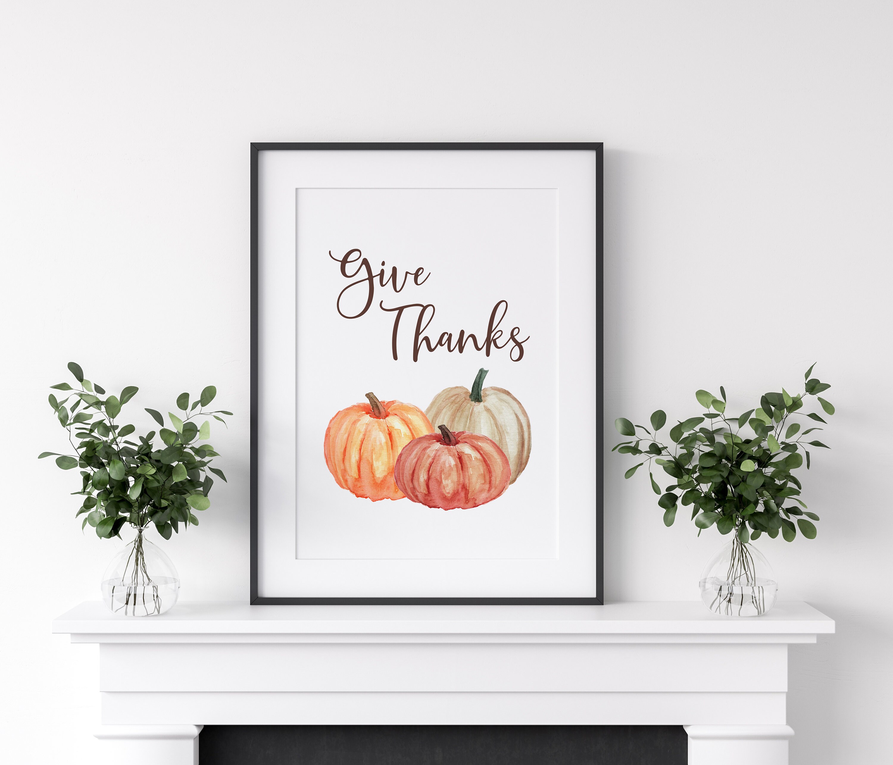 Give Thanks Wall Digital Art Print With Watercolor Pumpkins - Etsy