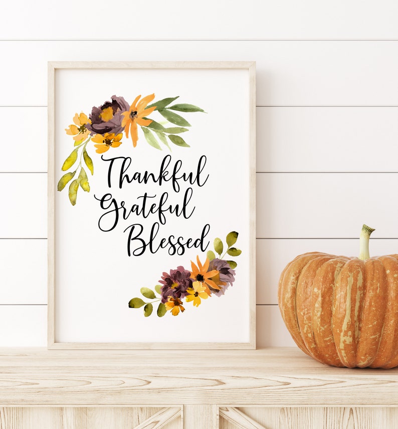 Thankful Grateful Blessed Wall Digital Art Print With Fall Floral ...