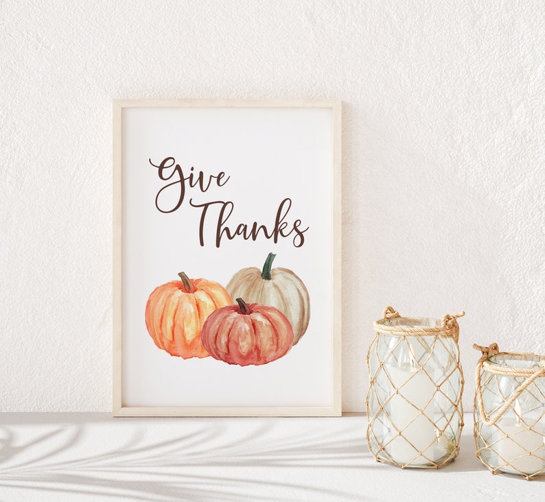 Give Thanks Wall Digital Art Print With Watercolor Pumpkins, Instant ...