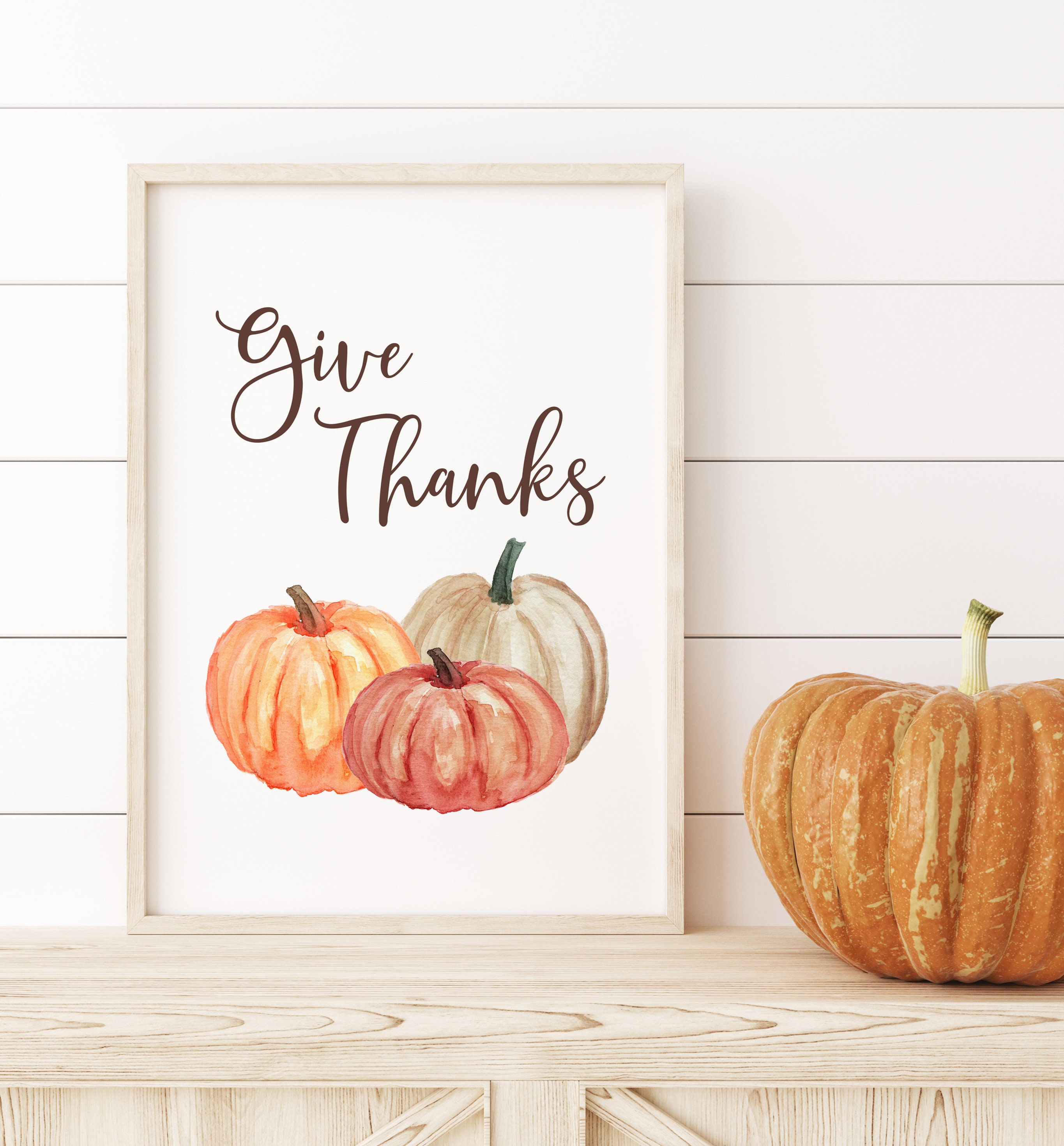 Give Thanks Wall Digital Art Print With Watercolor Pumpkins, Instant ...