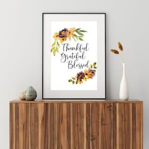 Thankful Grateful Blessed Wall Digital Art Print With Fall Floral ...