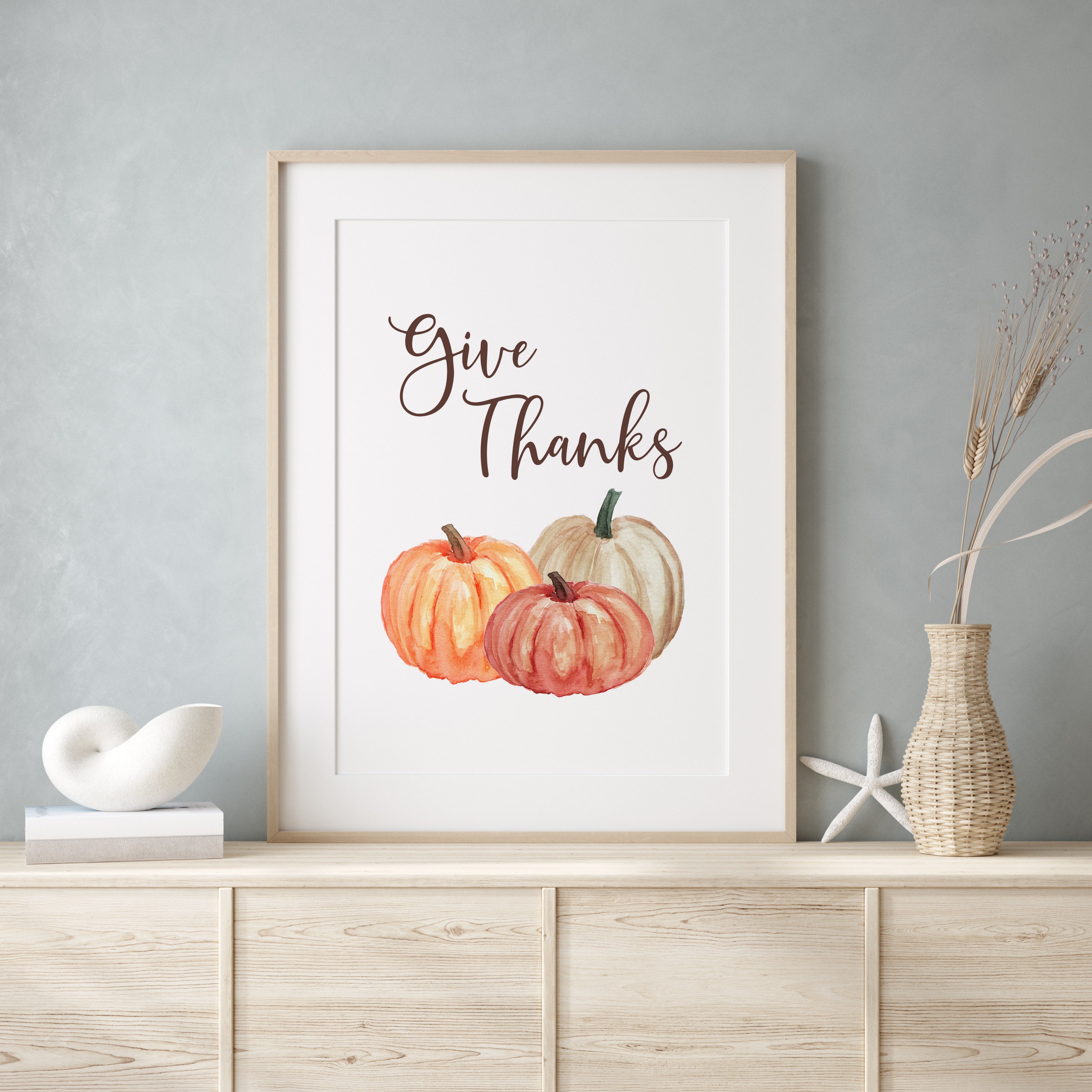 Give Thanks Wall Digital Art Print With Watercolor Pumpkins - Etsy