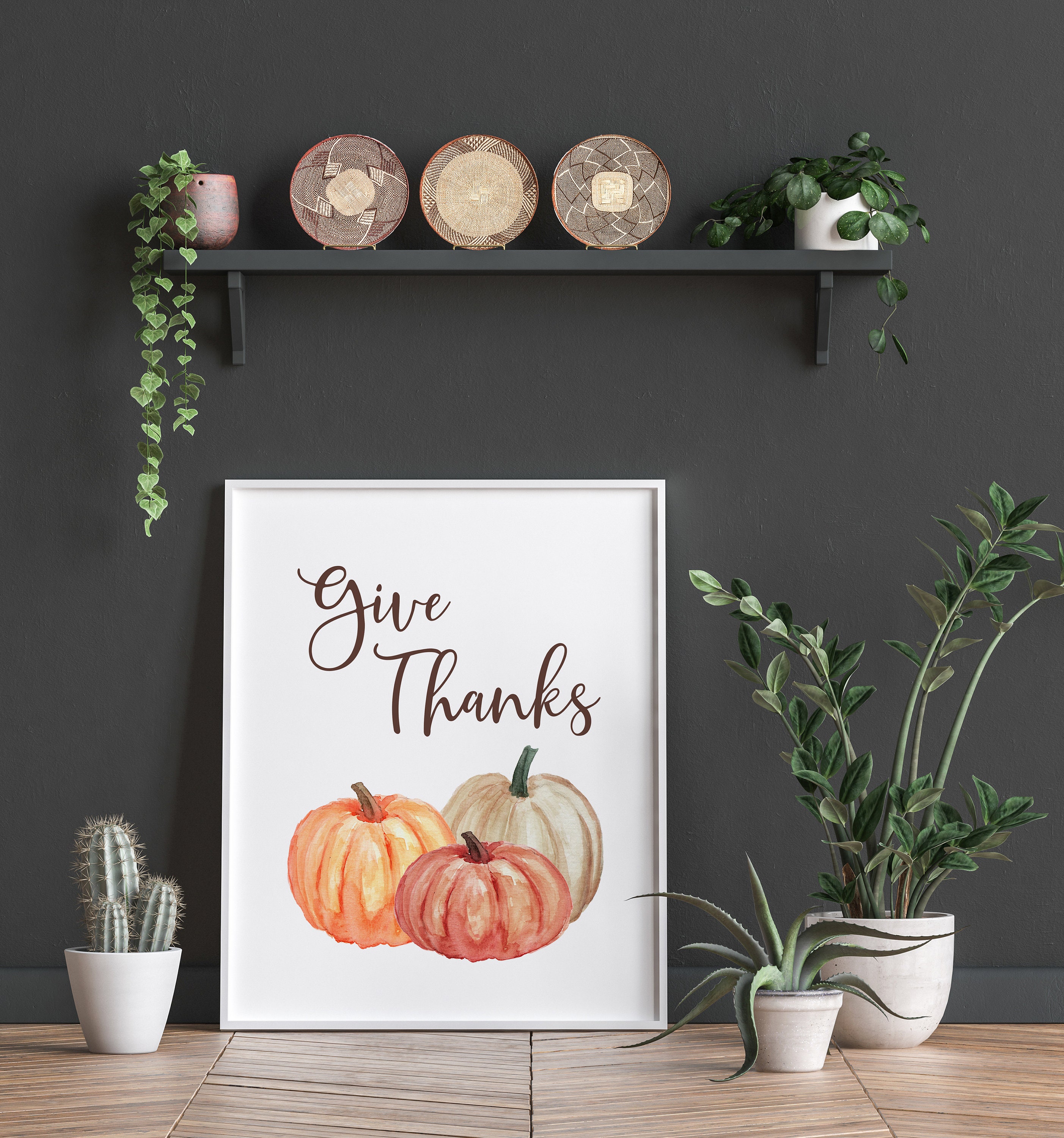 Give Thanks Wall Digital Art Print With Watercolor Pumpkins, Instant ...