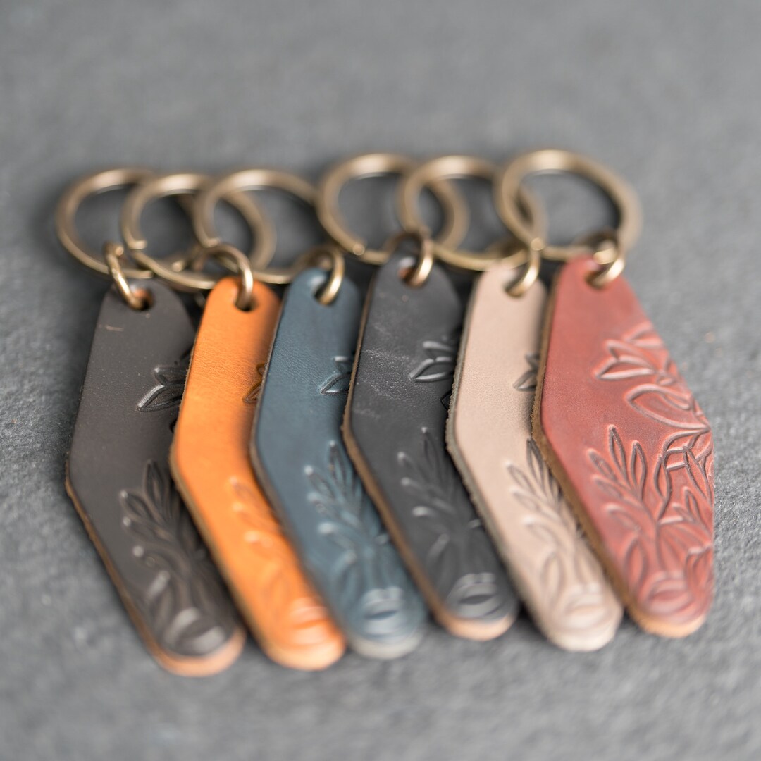 Personalized Leather Keychain Motel Key Shape Key Ring Fob With Design ...