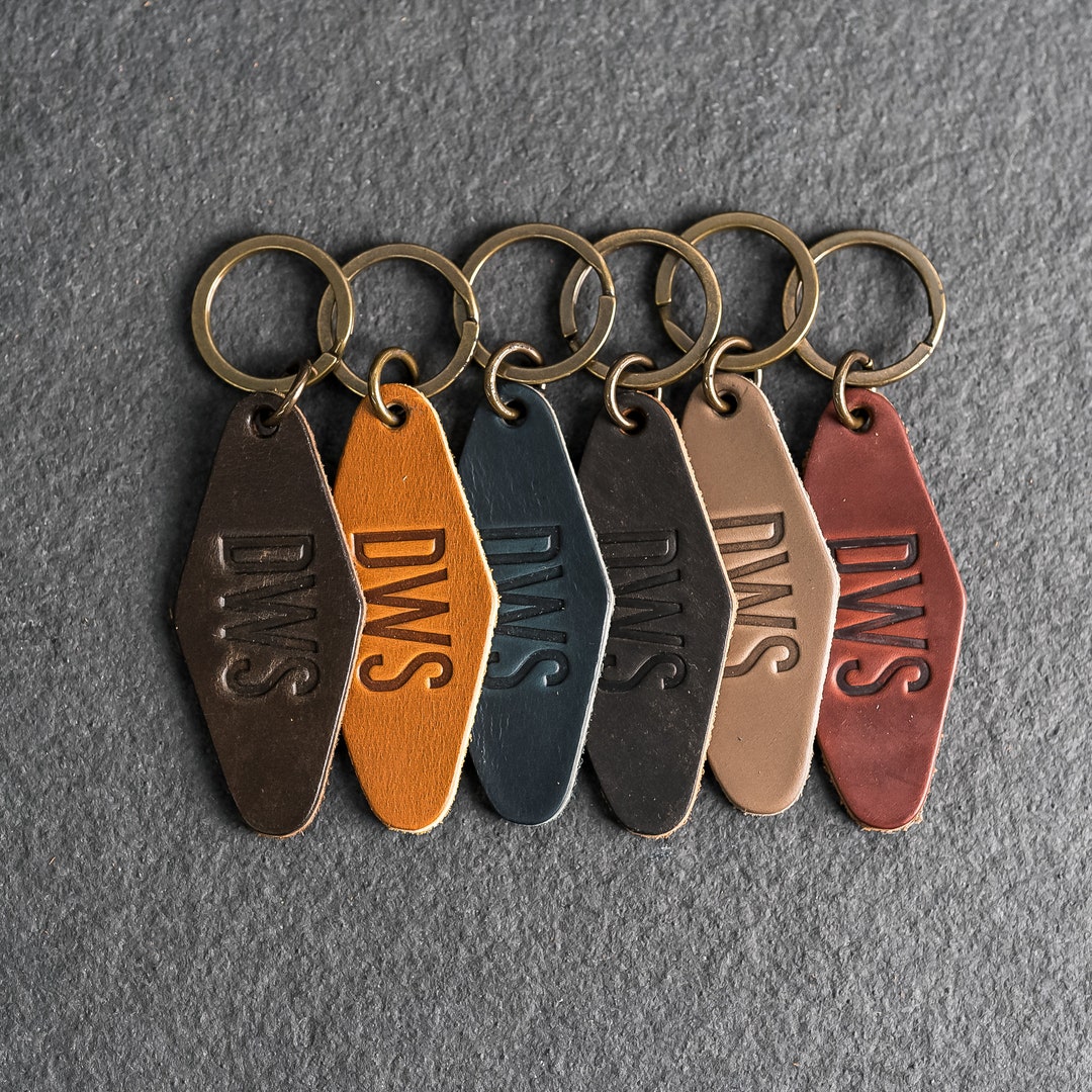 Personalized Leather Keychain Motel Key Shape Key Ring Fob With ...