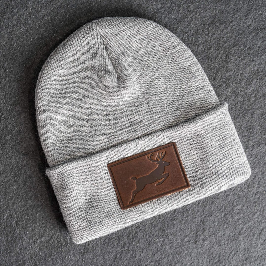 Beanie With Leather Patch Attached - Deer Stamp | Father's Day Gift - Etsy