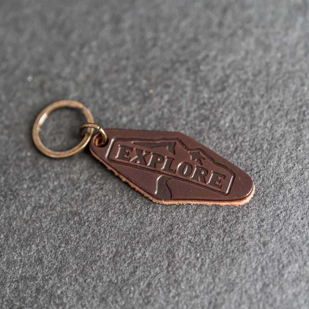 Leather Motel Shape Keychain With the Explore Design Stamp | Key Ring ...