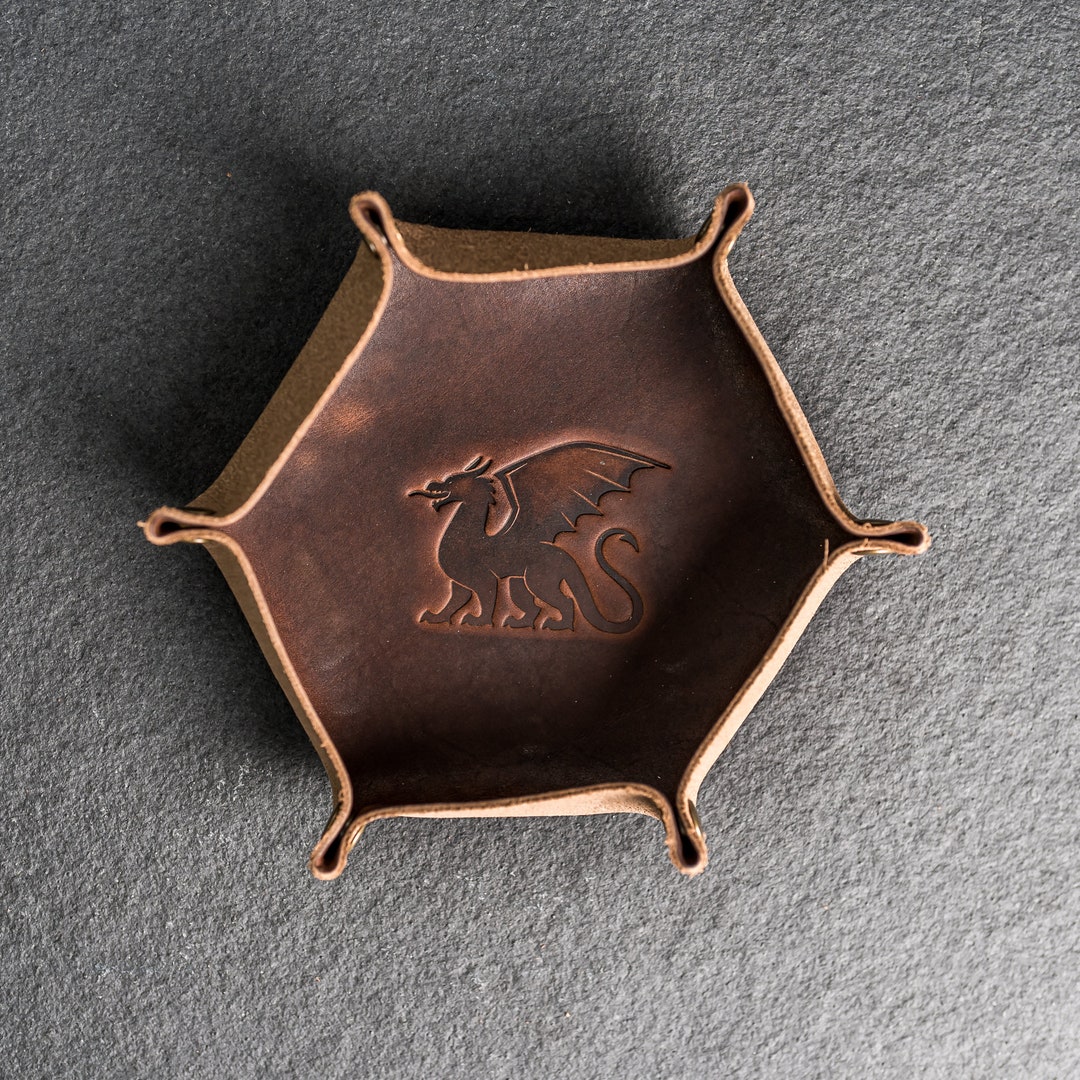 Leather Dice Tray With Gaming Design Stamp | Hexagon Shape Rolling Tray ...