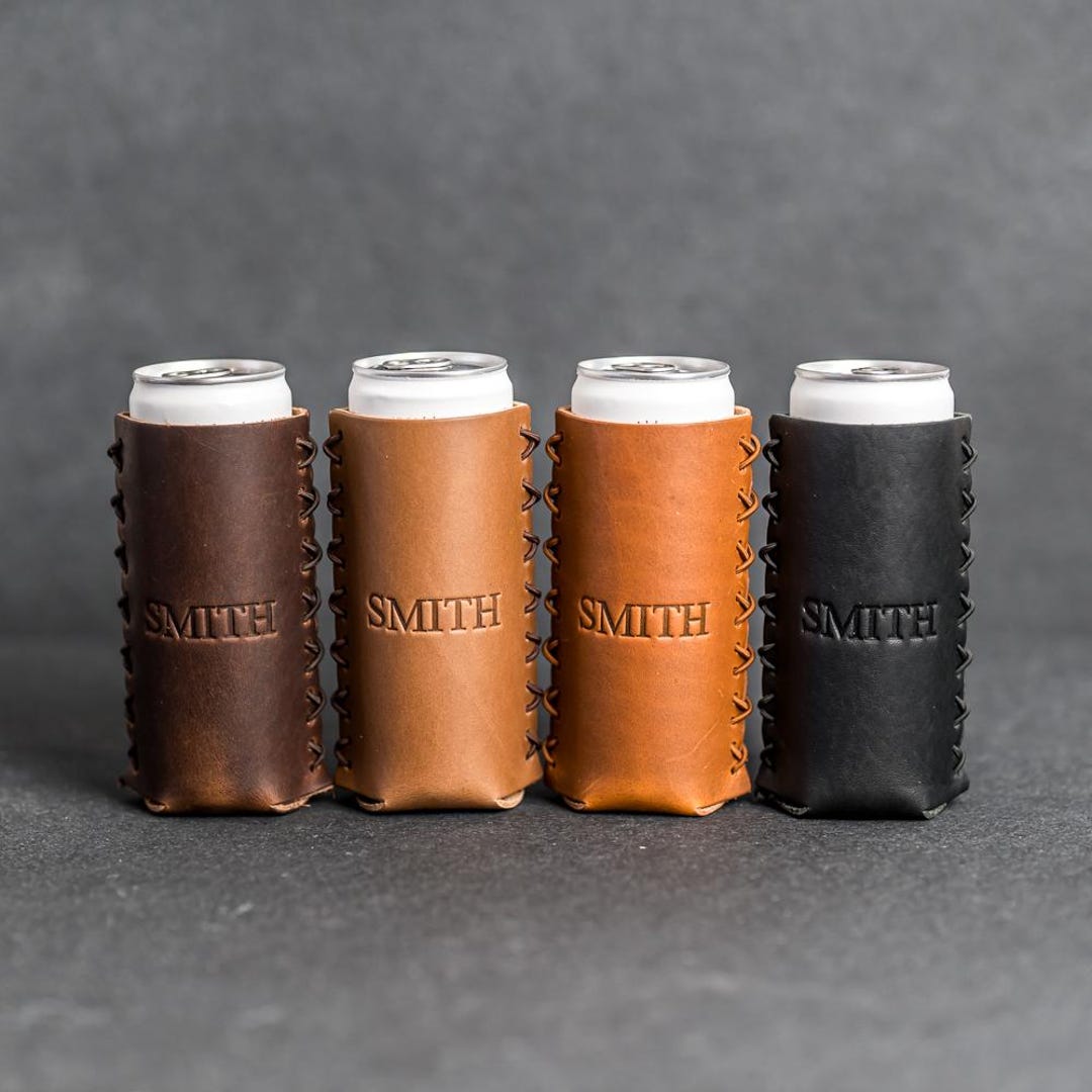 Personalized Leather Drink Holder Can Sleeve | Fits Slim Size 12 Oz ...