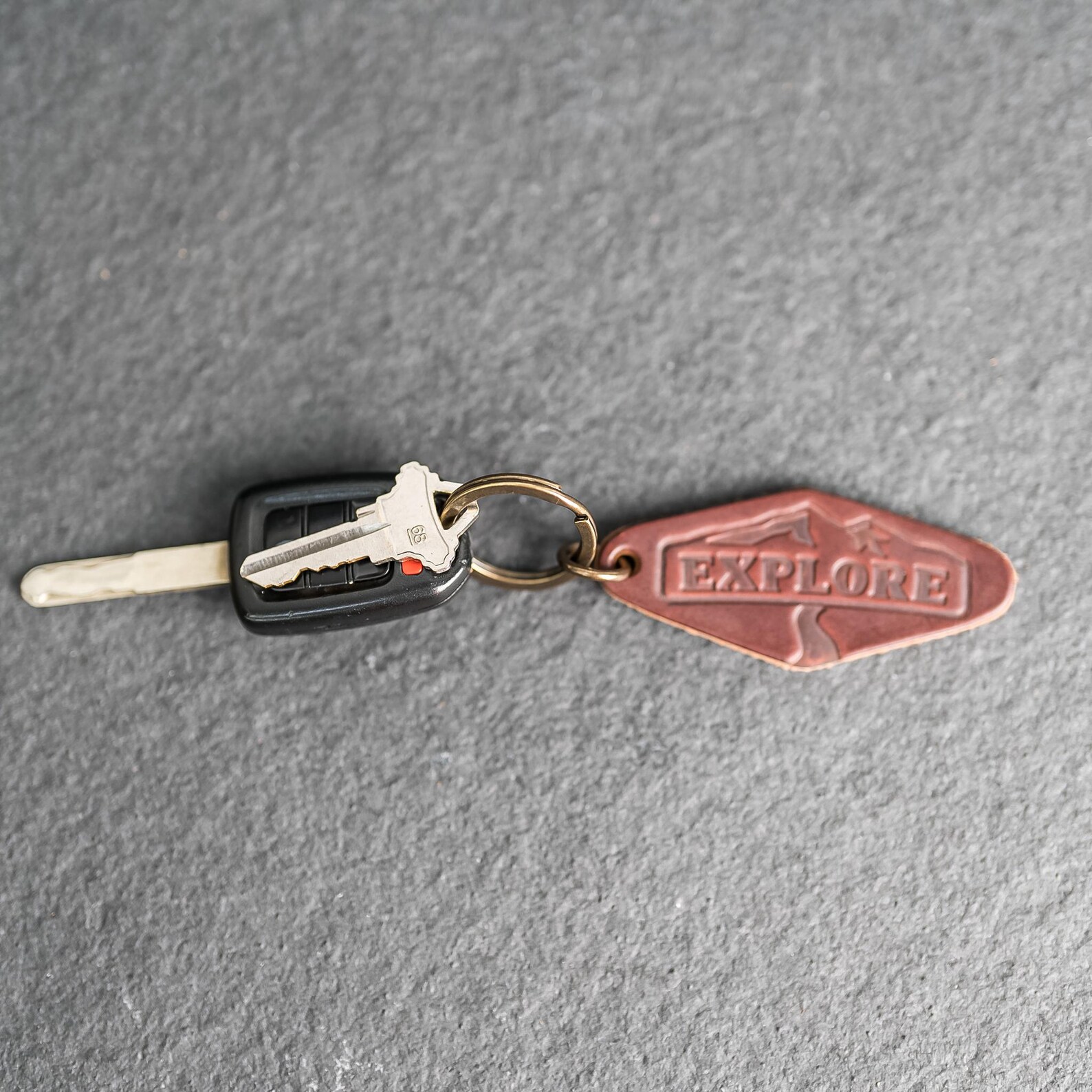 Leather Motel Shape Keychain With the Explore Design Stamp | Key Ring ...