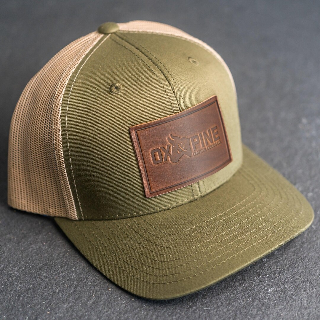 Ox and Pine Logo Trucker Hat | Leather Patch Trucker Style Hats | Ox ...