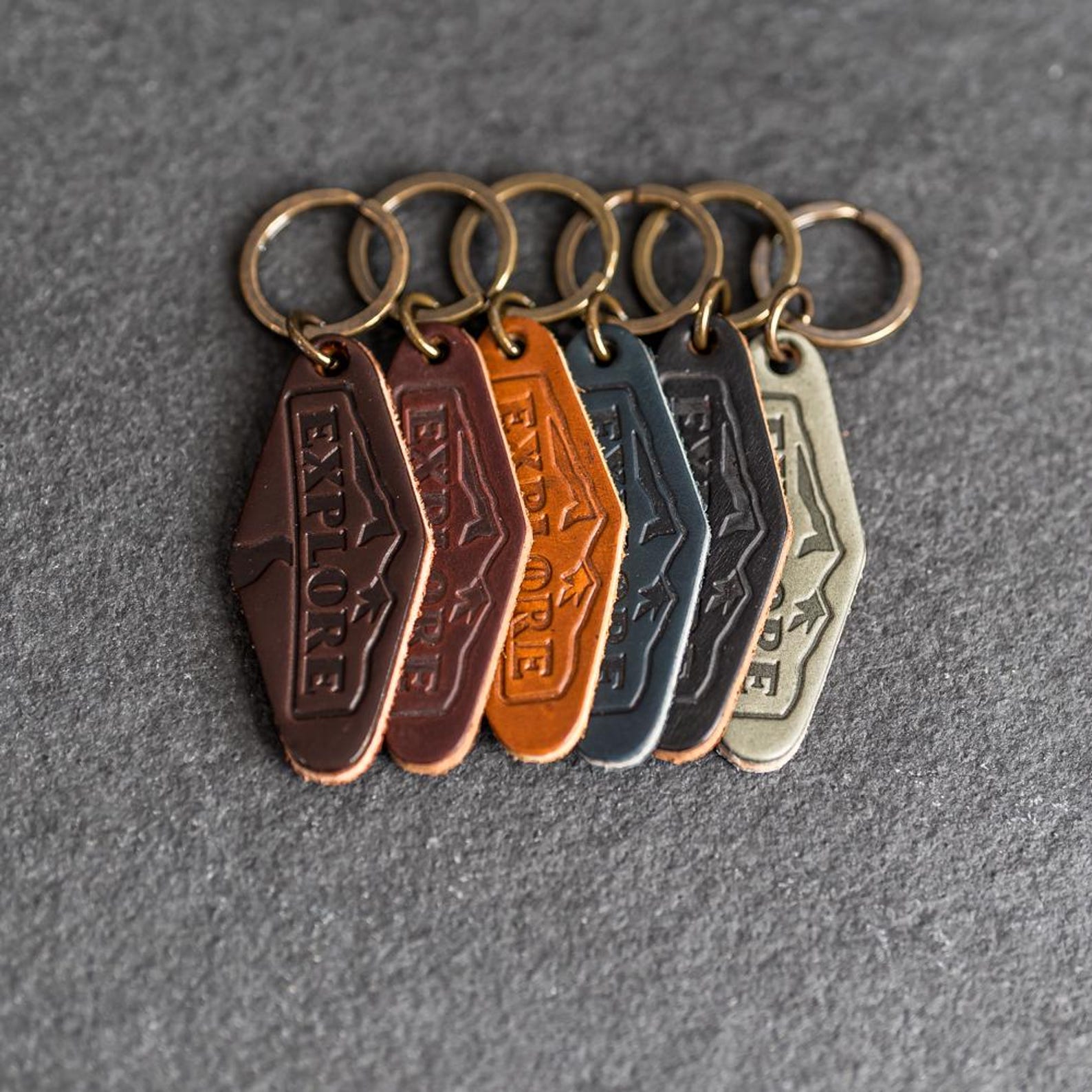 Leather Motel Shape Keychain With the Explore Design Stamp | Key Ring ...