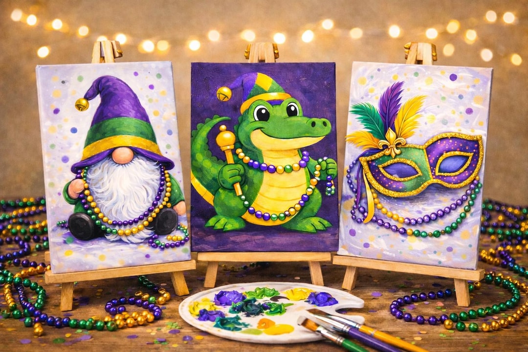 Mardi Gras Paint Night Party Digital Bundle | Beginner Class (digital ...