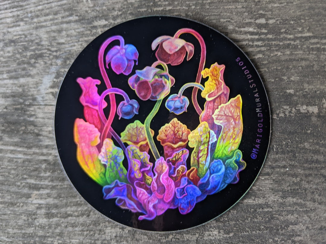 Holographic Pitcher Plant Sticker, 3 Circle Vinyl Decal, Art Nouveau ...
